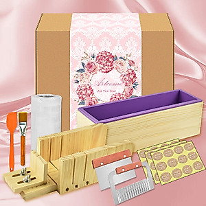 Artcome Loaf Soap Making Cutting Mold Kit Multi-Function Adjustable Wood Soap Mold Set - Rectangular Silicone Mold Set with Stainless Steel Wavy & Straight Cutter