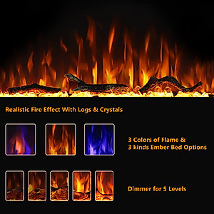 Dreamflame Electric Fireplace 50inches, Wall-Mounted & Recessed Fireplace Inserts, Multicolor Flame w/5 Dimmer, Remote Control Thermostat, Timer, Overheating Protection, Hardwire Connect, 1500W,Black