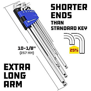 Powerbuilt 9 Piece SAE Stubby End, Extra Long Arm Ball End Hex Key Wrench Set, L-Wrenches for Tight Places, Storage - Blue 240099
