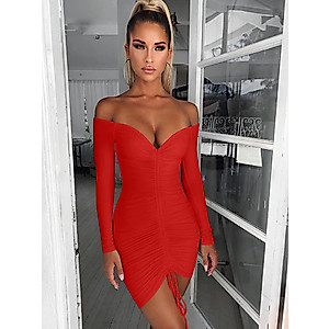 XXTAXN Women's Sexy Elegant Long Sleeve Off The Shoulder Ruched Mini Dress Red