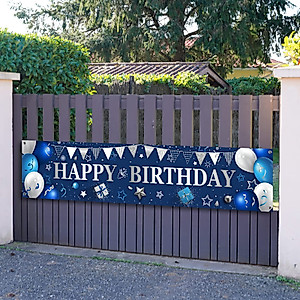 Yard Banner for Happy Birthday Gifts Large Navy Blue Birthday Banners for Outside Birthday Banner Birthday Decorations Backdrop for Men Women Birthday Party Supplies Outdoor and Indoor (Blue, Silver)