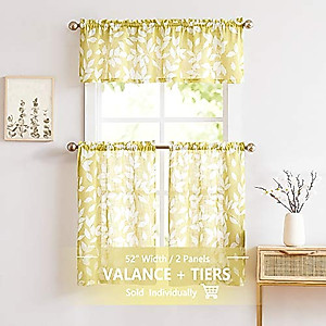 Treatmentex Valance Curtain for Window 15" Leaf Print Kitchen Valances, Mustard Yellow and White, 52" w 1 Panel