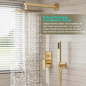 Holispa Gold Shower System, Shower Faucet Set with 10-Inch Rain Shower Head and Handheld, Wall Mounted High Pressure Shower Head Set, Shower Combo Set with Shower Valve and Shower Trim, Brushed Gold