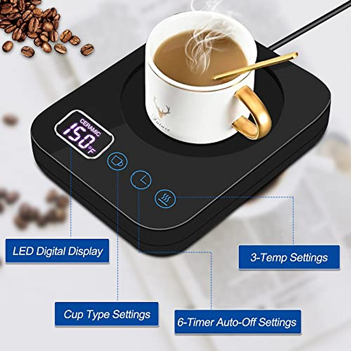 Coffee Mug Warmer - Cup Warmer for Desk Candle Warmer Automatic Shut Off, Smart Beverage Warmer with 3 Temperature Settings Touch Switch for Coffee, Water, Milk, Tea, Safely Use for Office/Home