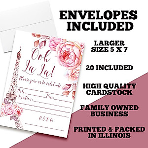 Ooh La La Watercolor Floral Paris Party Invitations for Birthdays, Baby Showers, Bridal Showers, Engagement Parties and more. 20 5x7 Fill In Cards with Twenty White Envelopes by AmandaCreation