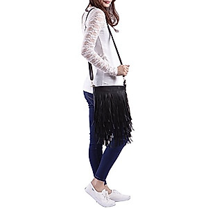 HDE Women's Leather Hobo Long Fringe Crossbody Tassel Purse Small Handbag