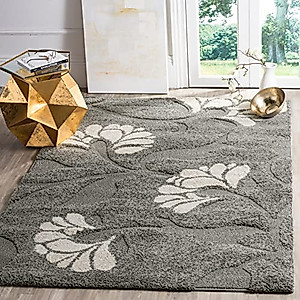 SAFAVIEH Florida Shag Collection 6'7" Round Smoke / Beige SG459 Floral Non-Shedding Living Room Bedroom Dining Room Entryway Plush 1.2-inch Thick Area Rug