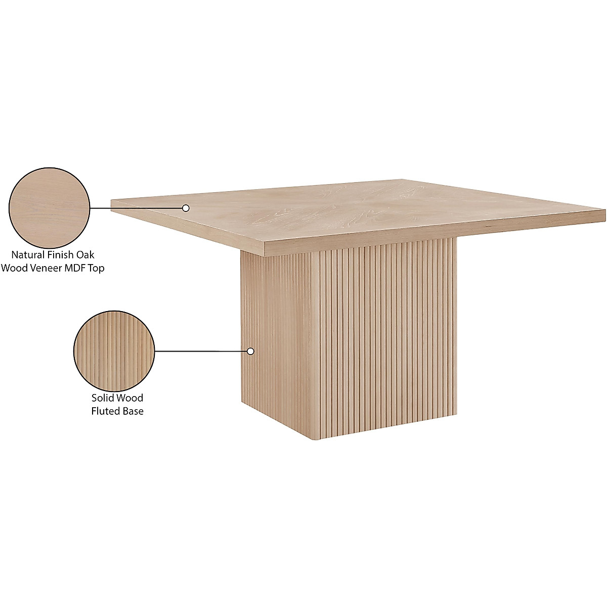 Meridian Furniture 729Oak-T Belinda Collection Mid-Century Modern Dining Table, Solid Wood Base, Natural Finish Oak Wood Veneer MDF Top, Square Top, Fluted Base, 54" W x 54" D x 31" H, Oak