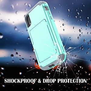 WeLoveCase iPhone XR Wallet Case Defender Wallet Design with Card Holder and Hidden Back Mirror Three Layer Heavy Duty Protection Shockproof All-Round Armor Protective Case for iPhone XR Mint Green