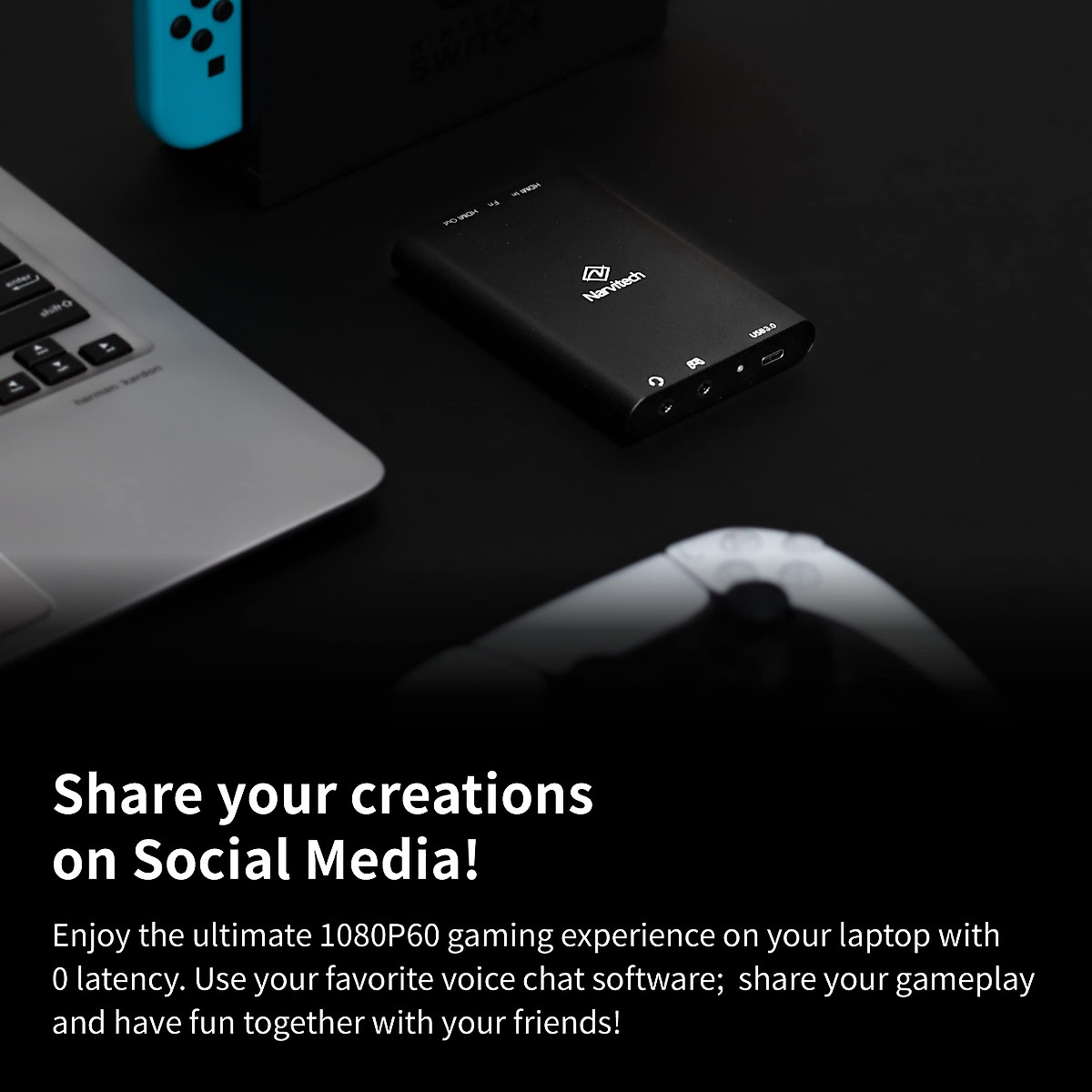 Narvitech NJ300, External Capture Card. 4K60 Passthrough, Stream and Record in 1080P60 with ultra-low latency on PS5, PS4, Xbox Series X/S, in OBS and more, on PC and Mac. Supports Party Chat capture.
