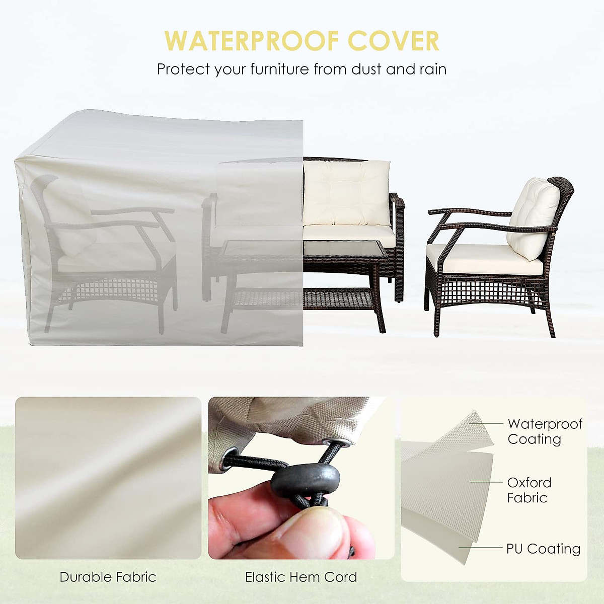 Tangkula 4 Pieces Outdoor Rattan Furniture Set, Patiojoy Outdoor Wicker Sofa Set with Tempered Glass Coffee Table, Loveseat, 2 Single Sofas, Sectional Sofa Set with Waterproof Cover