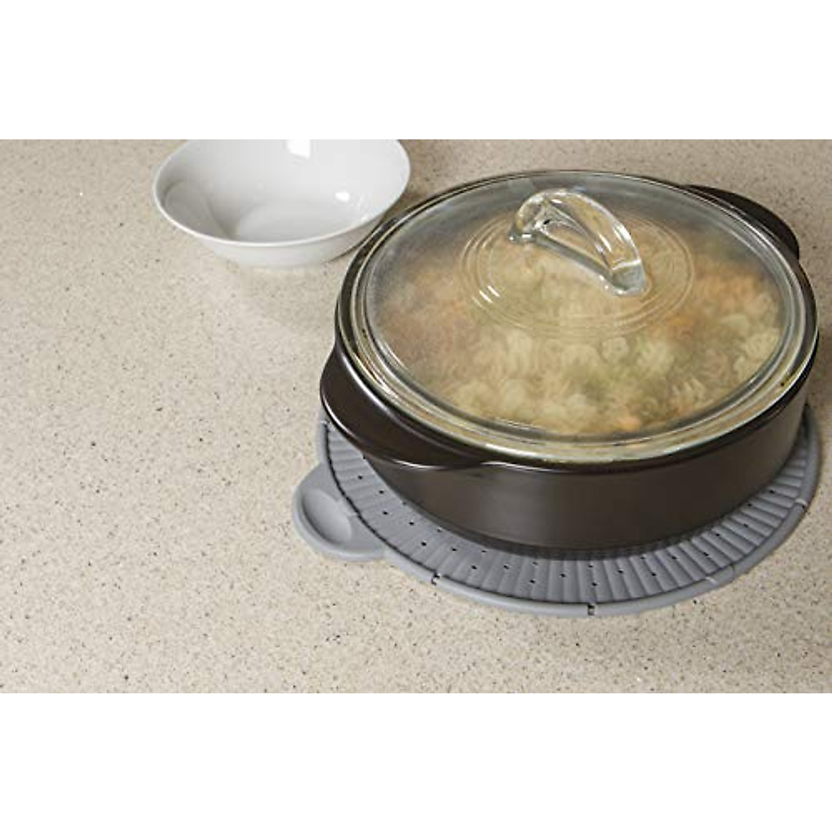 Simply Served Silicone Splatter Screen, Multi-Use Kitchen Tool, Protect Stovetop and Counters, 3-in-1 Silicone Kitchen Trivet, Splatter Screen, and Colander Lid, Gray