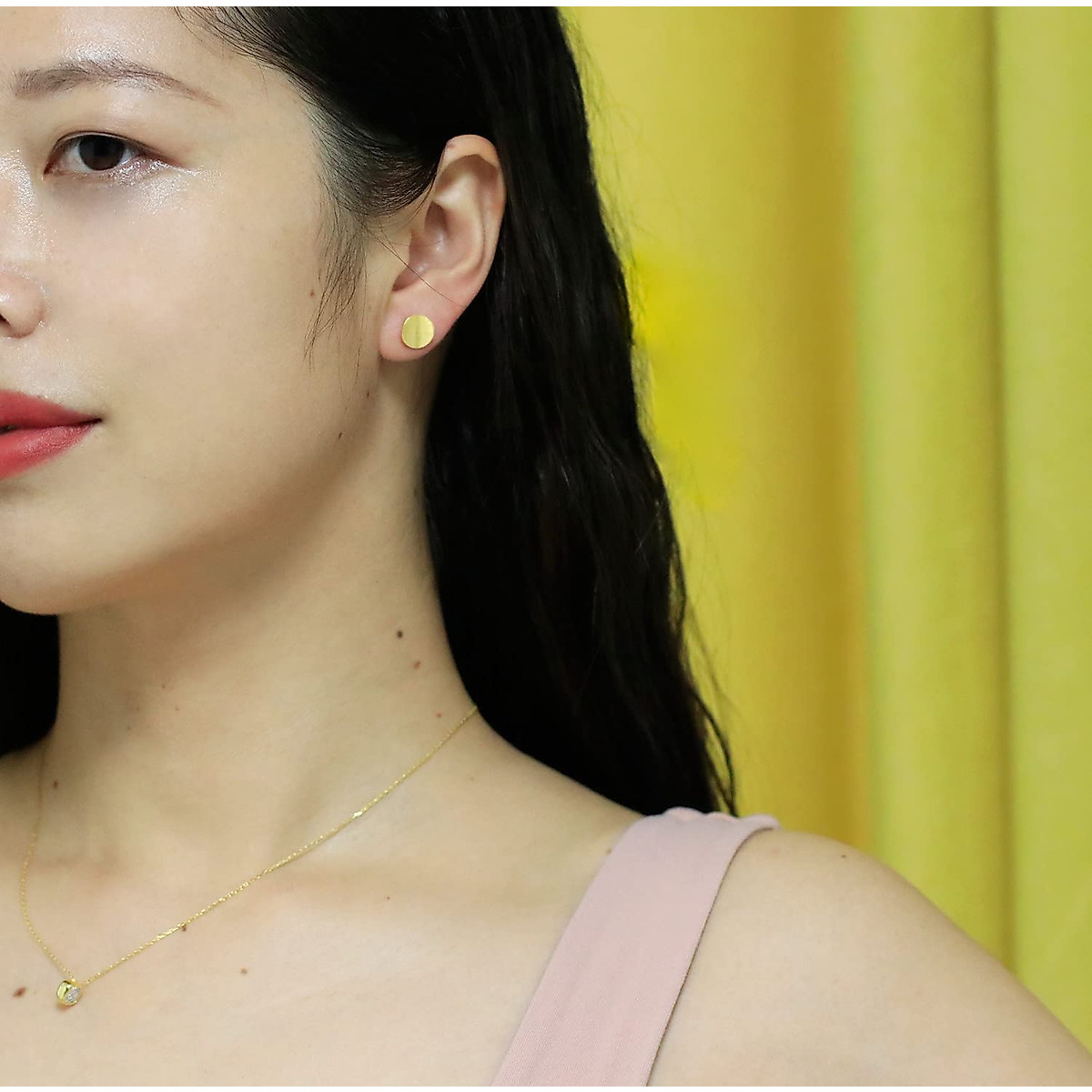 14K Gold Plated Sterling Silver Curved Round Stud Earring Brushed Disc Gold Earrings for Women