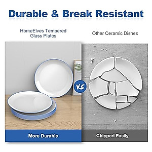 HomeElves Dinner Plates Set of 8, 10.5 inch Opal Glass Plate Set, Lightweight Kitchen White Plates, Break and Chip Resistant, Safety for Microwave & Dishwasher,Blue Rim