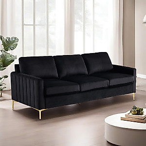Deolme Velvet Couch Living Room, 85.4-inch Comfy 3-Seater Sectional Couches Love Seat Sofa for Bedroom Furniture juegos de muebles Mid Century Modern Upholstered Soft Cushioned Golden Leg (Black)