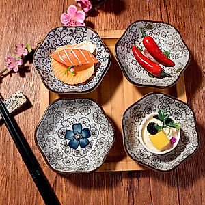 Japanese Style Soy Sauce Dishes set of 8, Ceramic 4-inch Plum Flower Dishe Serving for Dumpling, Side Dish, Sushi (8)