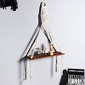 Macrame Wall Hanging Shelf, Rope Hanging Shelves for Wall, Bedroom Shelves,Boho Rustic Decor Cute 1 Tier Cotton Rope for Bedroom Bathroom Living Room
