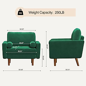 Vesgantti Green Velvet Accent Chair, Mid Century Modern Living Room Chairs, Button Tufted Arm Chairs with 2 Pillows, Comfy Sofa Chairs for Bedroom, Office