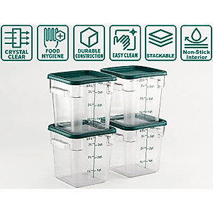 CURTA 4 Pack Food Storage Container with Green Lid - NSF Commercial Grade in 4.0 Qt - Square, Clear, Polycarbonate