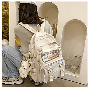 Aesthetic Kawaii Nylon Laptop Backpack with A Cute Bear Pendant, Suitable for Back to School, Large Capacity (white)