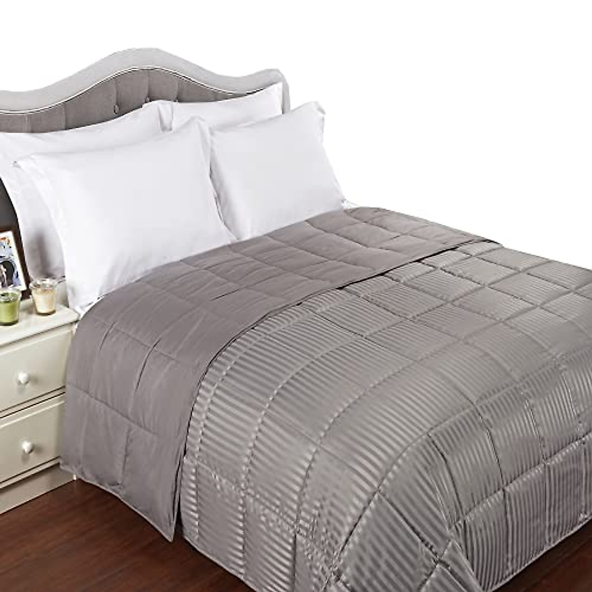 SUPERIOR Reversible Down Alternative Blanket, Bed Blanket and Oversized Throw Blanket with Silky Soft Striped Shell - Twin/Twin XL Bed, Grey