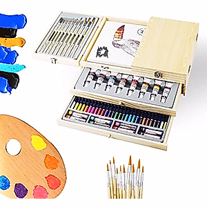 Deluxe Art Supplies, 88 Pieces Art Set in Portable Wooden Case, with 2 Drawing Books and 4 Canvas Panels, Professional Art Set for Painting & Drawing, Art Kit for Kids, Teens and Adults/Gift