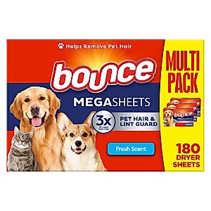 Bounce Pet Hair and Lint Guard Mega Fabric Softener Dryer Sheets with 3X Pet Hair Fighters, Fresh Scent, 180 Count, Bounce Dryer Sheets, Laundry Sheets, Mega Sheet