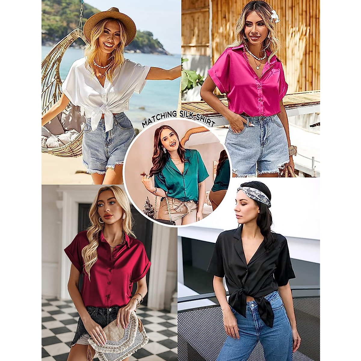 Ekouaer Womens Silk Satin Pajama Sets 2 Piece Pjs Soft Button Down Sleepwear Wide Leg Long Pants Loungewear with Pockets White