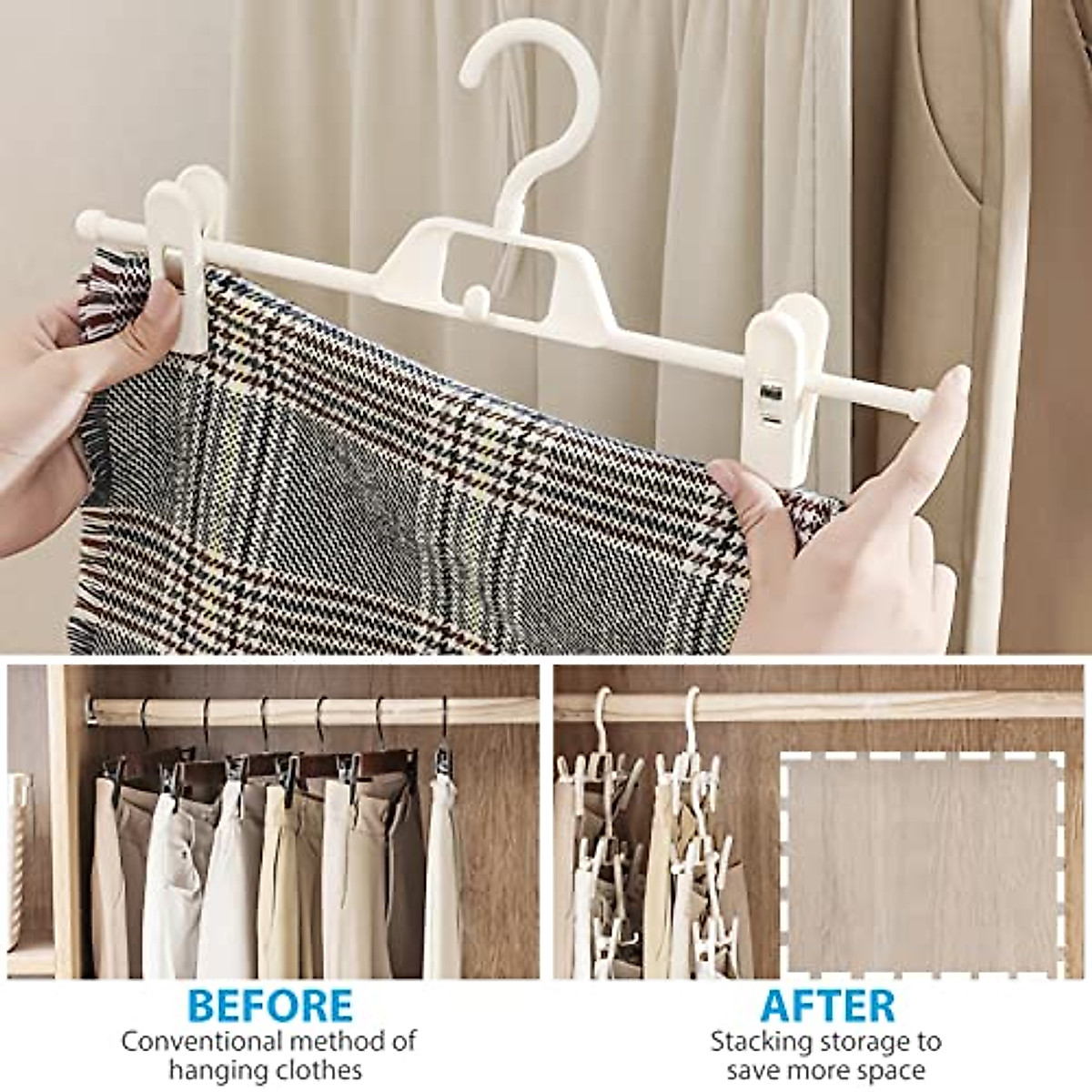 HANABASS 10Pcs Adjustable Clothes Hangers with Clips, Plastic Skirt Hangers, Stackable Pants Hangers, Adjustable Clip Pants Hanger for Kids or Adults Garments