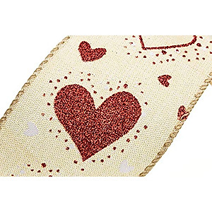 ATRBB Red Glitter Hearts Wired Edge Burlap Ribbon,The Valentine's Day Ribbon for Gift Wrapping and Decorative Bow,10 Yards by 2.5 Inches