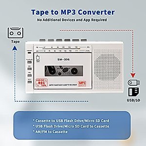 Portable Cassette Player Recorder, Cassette to MP3 Digital Converter via USB or Micro SD Card, Powered by AC or 4 AA Battery AM FM Radio Tape Walkman, Build-in Speaker and Microphone
