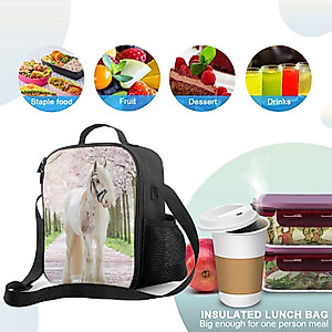 PrelerDIY White Horse Lunch Box - Insulated Lunch Box for Kids with Side Pocket & Shoulder Strap Lunch Bag, Perfect for School/Camping/Hiking/Picnic/Beach/Travel
