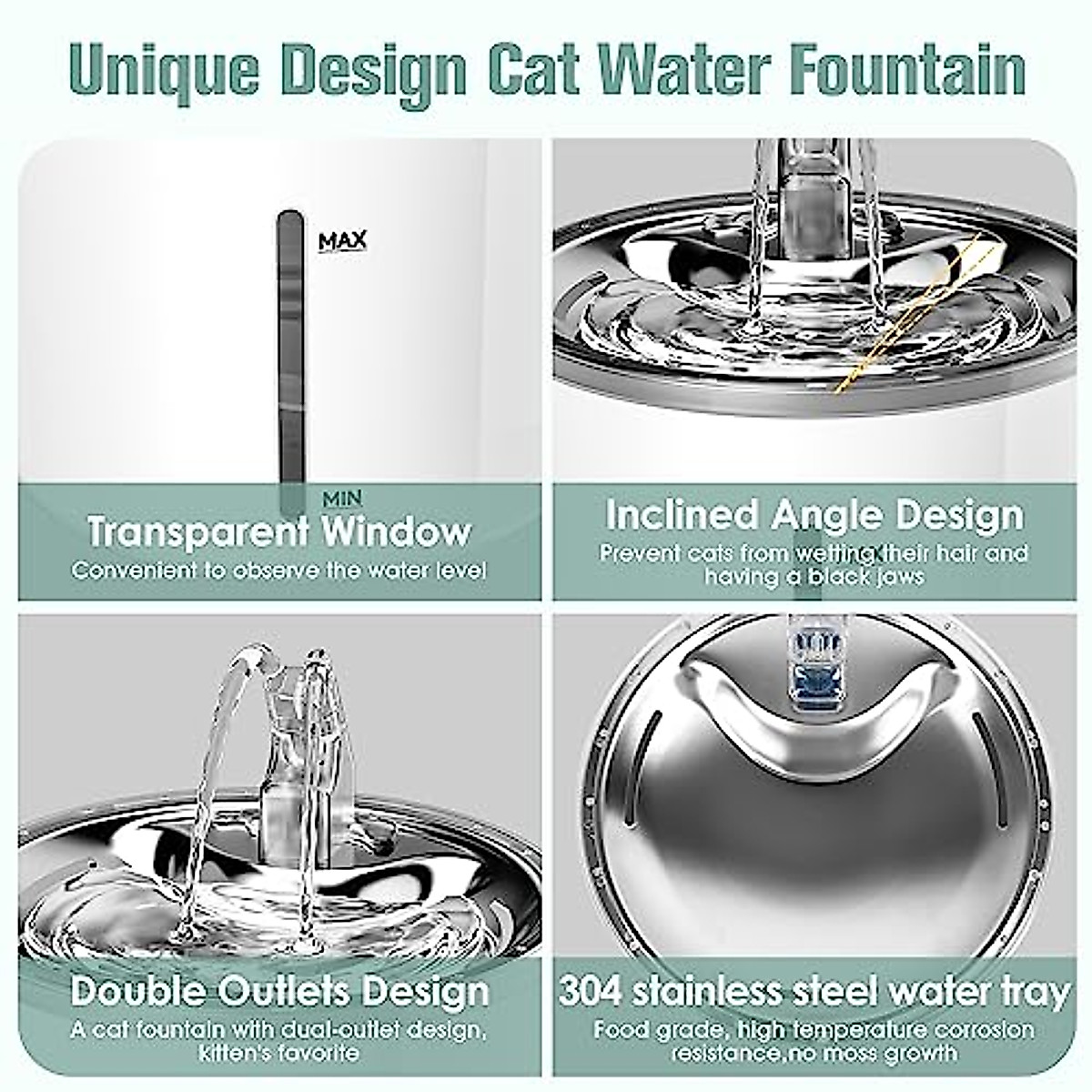 Cat Water Fountain, 108oz/3.2L Cat Fountain with Stainless Steel Tray, Ultra Quiet Pet Water Fountain for Cats Inside with Triple Filtration Cat Fountain Water Bowl, for Cats, Small Dogs