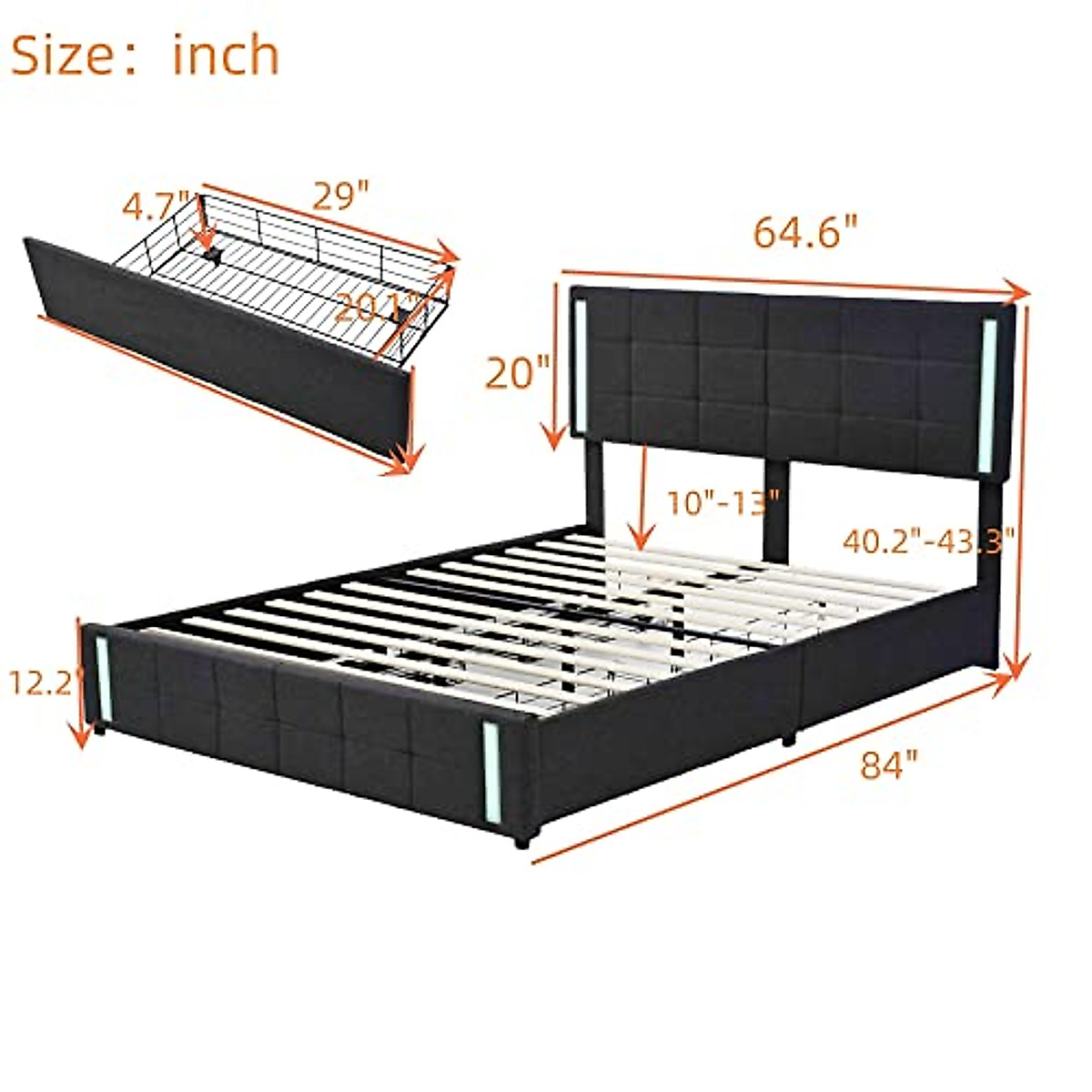 Harper & Bright Designs Queen Size Upholstered Platform Bed with LED Lights and USB Charger, Queen Storage Bed, Linen Platform Bed Frame with 4 Drawers, for Kids Teens Adults (Dark Gray)