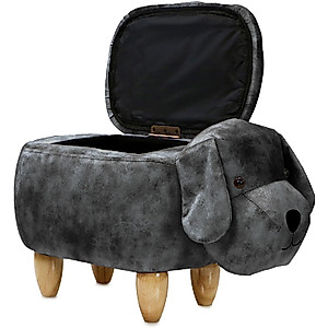 Critter Sitters 15-Inch Seat Height Dark Gray Dog Storage Ottoman, Faux-Suede Kids Ottoman for Nursery, Bedroom, Playroom, and Living Room Decor, Multifunctional Cushioned Animal Foostool for Toddlers