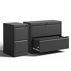 Yukimo 2 Drawer Lateral File Cabinet with Lock and 2 Drawer File Cabinet with Drawers, Black