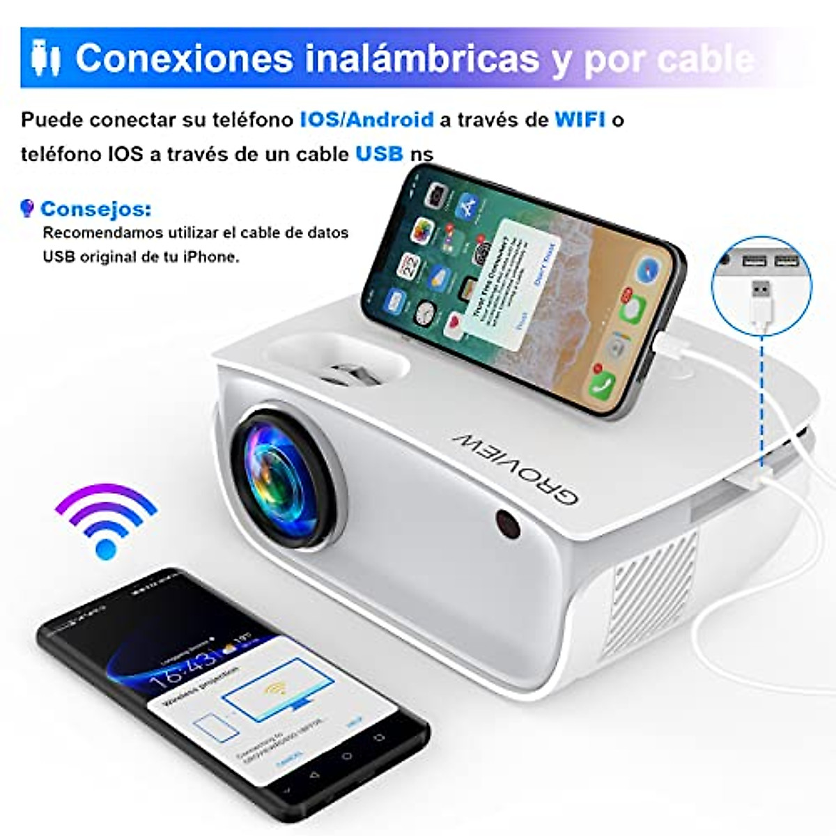 GROVIEW Mini Projector with WiFi, Updated 7500LUX Brightness with 100 Inches Screen, Full HD 1080P Resolution & 240 Inches Display Supported, Video Projector Compatible with TV Stick, Android, iPhone