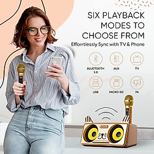 MASINGO Kitty Cat Karaoke Machine for Kids, Children and Toddlers with 2 Wireless Bluetooth Microphones, PA Speaker System Includes Lyrics Display Phone Holder, TV Cable and Singer Vocal Removal Mode