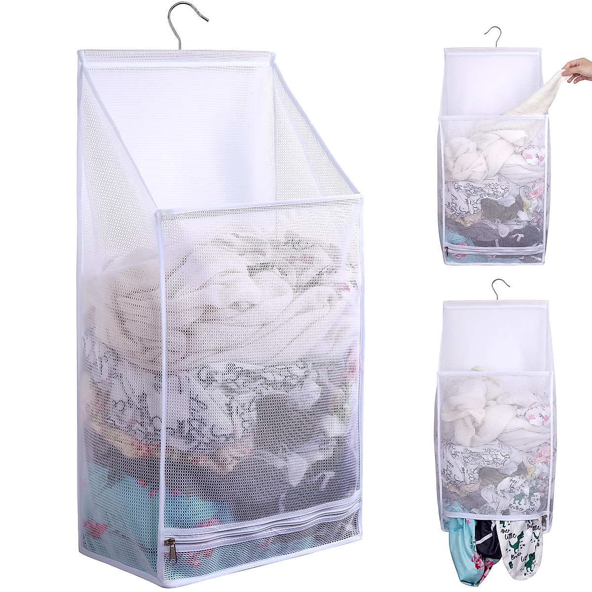 Hanging Collapsible Breathable Mesh laundry bags,Fast Drying Portable Space Saving Laundry Hamper for dorm,Rv Laundry Hamper Storage (White)