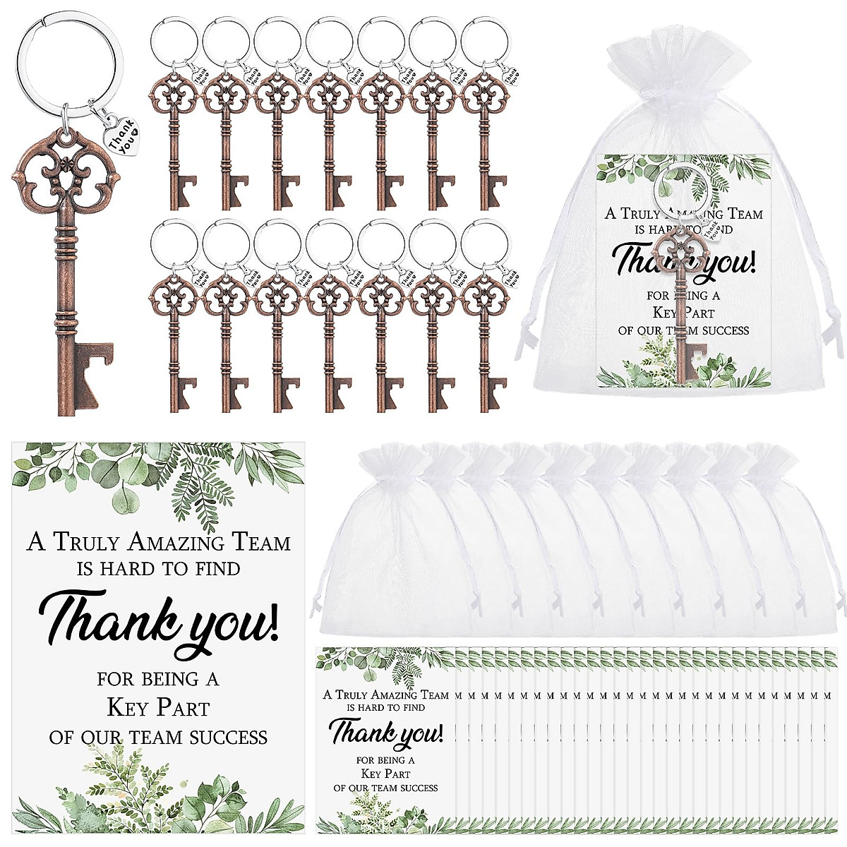 Sasylvia 50 Set Employee Appreciation Gifts Bulk Skeleton Key Bottle Opener Keychain Thank You Card Organza Bags for Coworker