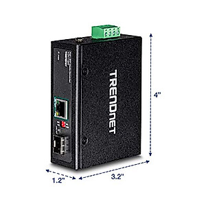 TRENDnet Industrial SFP to Gigabit PoE+ Media Converter, IP30 Rated Housing, Operating Temperature Range -40°– 75 °C to (-40° – 167 °F), TI-PF11SFP, Black