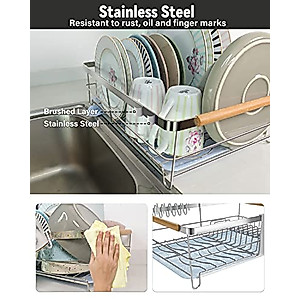 FLIORS Dish Drying Rack Stainless Steel, Dish Racks for Ditchen Counter, Rotating Spout, Detachable Draining Board, Scratch Proof, Rust Proof, Dish Rack for Cups, Cutlery and Cutting Boards