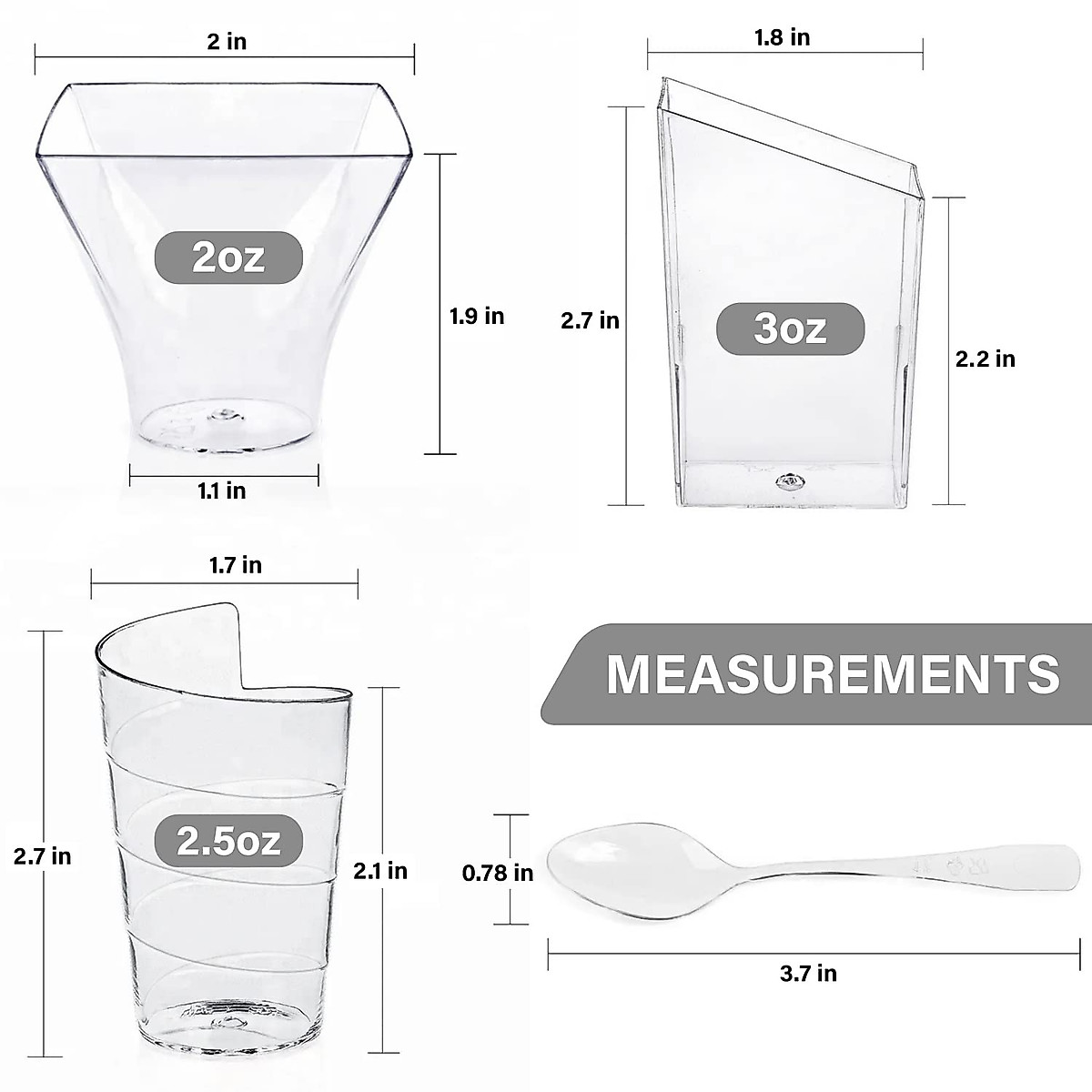 60 pack dessert cups of 3 oz, 2.5 oz and 2 oz. 3 varieties in size and shape also 20 of each shape perfect for appetizer, dessert and serving parties, plus FREE 60 spoons