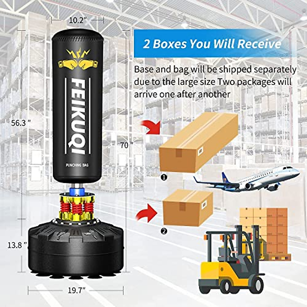 Punching Bag with Stand Adult 70", Feikuqi 205lbs Boxing Bag with Stand, Shock Absorber, Suction Cup Base, Punching Bag Stand for Adult, Standing Kickboxing Bag for Home Office Gym