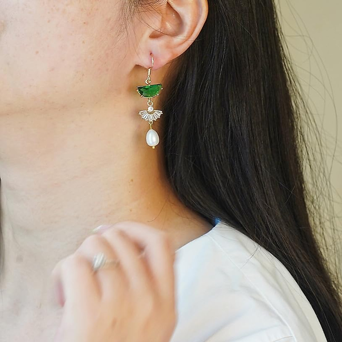 Emerald Green Dangle Drops Art Deco Austrian Crystal Vintage Cubic Zirconia Rhinestone Chandelier Earrings for Women,Weddings, Proms, Sterling Silver, freshwater Pearl Green Cubic Zirconia Rhinestone