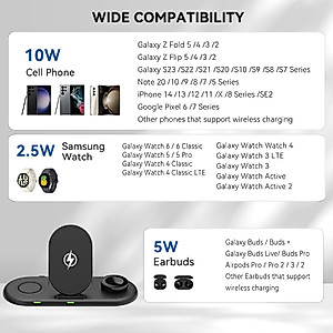 Wireless Charging Station 3 in 1, Fast Wireless Charger for Samsung Galaxy Watch 4, Active 2 Series and Galaxy Buds Series, Phone Charger Stand Dock Compatible with Samsung Galaxy S22 S20 Note(Black)