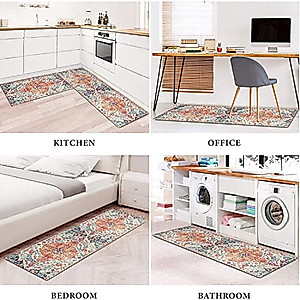 Boho Style Kitchen Rugs and mats Set of 2,Farmhouse Kitchen Mat for Sink,Non Slip Absorbent Stain Resistant Floor Mat for Kitchen Laundry Room Rug Area Runner Rug Orange