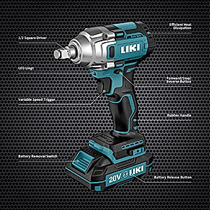 LIKI Cordless Impact Wrench 1/2"，1/2 Impact Gun Brushless Impact Driver 300 Ft-lb High Torque 3000 RPM, 20V Electric Impact Wrench Kit with 1 Hour Fast Charger