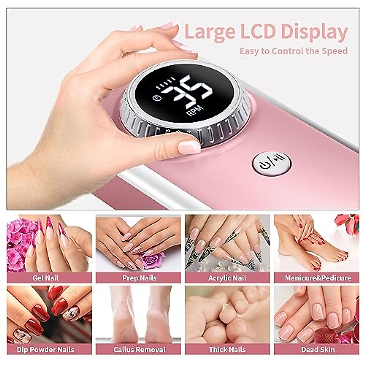 Nail Drill 35000RPM, Rechargeable Electric Nail Drill Machine, Cordless Nail File Drill E File for Acrylic Gel Grinder Tools with 11Pcs Nail Drill Bits for Manicure Pedicure Shape Carve Polish