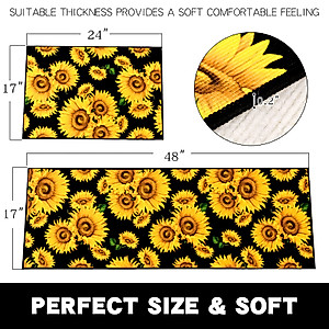 Sunflower Kitchen Rugs and Mats Set 2 PCS, Washable Anti-Fatigue Non-Slip Durable Comfort Standing Runner Rug for Kitchen, Office, Sink, Laundry, Living Room (17"x48"+17"x24",Black)